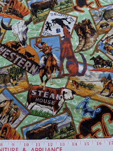 1 Yard Western Fabric Horse Cowboy Signs Steak House Rope Patch ...
