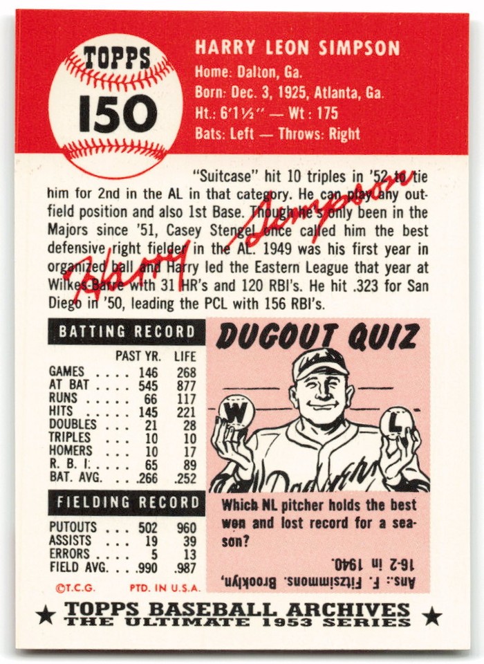1991 Topps Archives 1953 #150 Harry Simpson Bio white text Cleveland ...