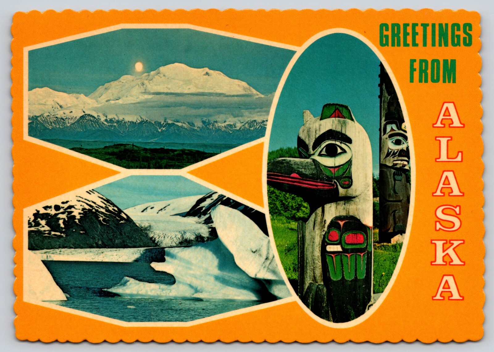 Postcard Greetings from Alaska Alaskan Totems Mount McKinley Deckled ...