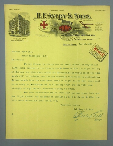 1903 B F AVERY PLOWS Letter FARM Advertising DALLAS TEXAS Delivery by ...