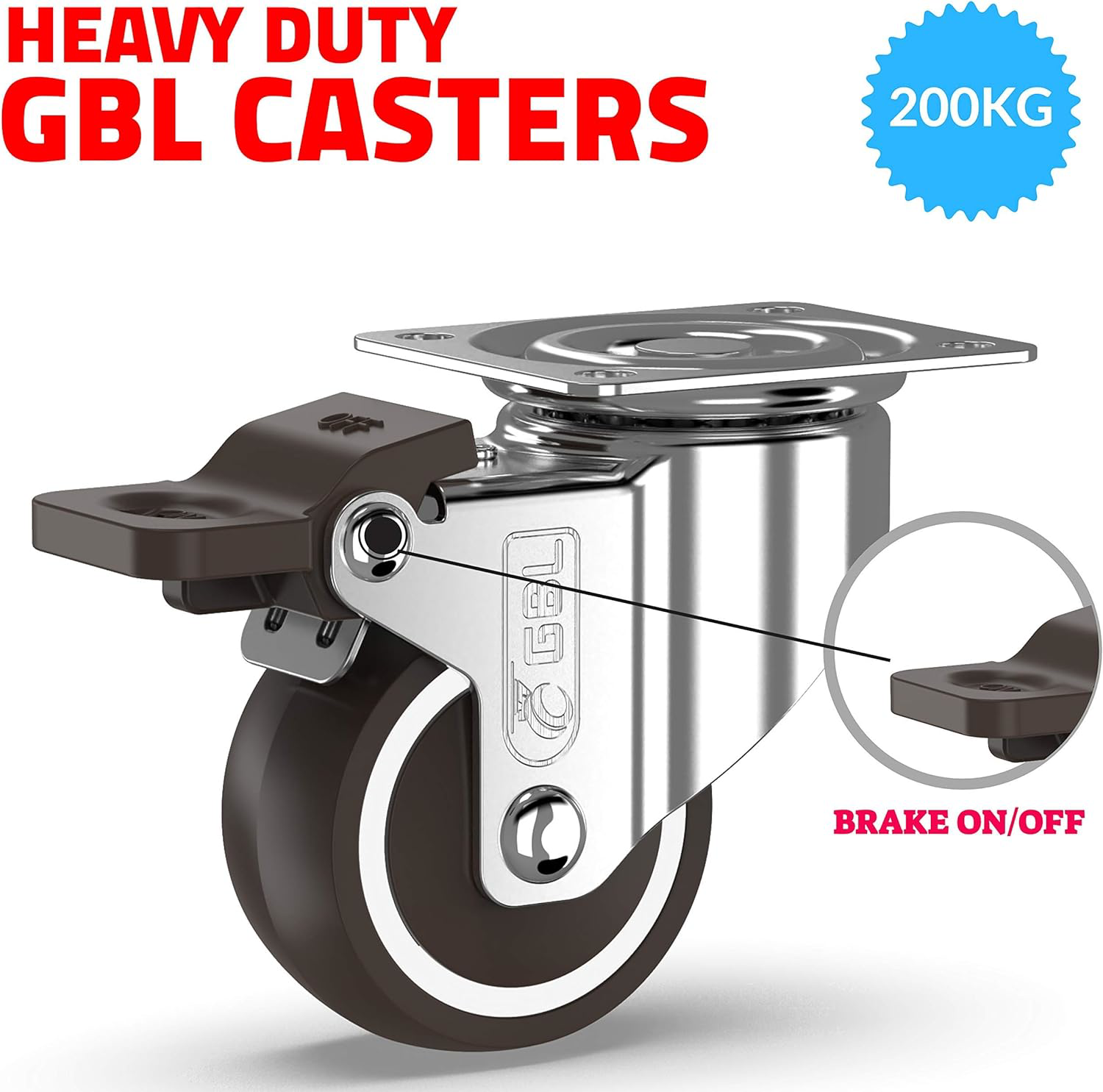 GBL Heavy Duty Castor Wheels with 2 Brakes Screws - 50mm up to 200KG ...