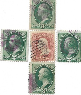 5 FANCY CANCEL STAMPS Green US 3c Brown 3C hinge on card #2110E ...