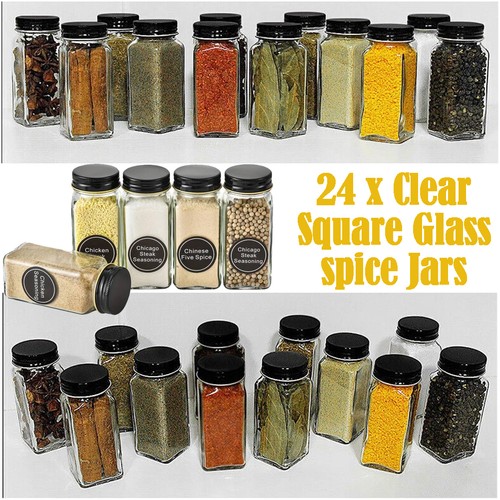 24x Square Glass Jars Lid Spice Herb Seasoning Condiment Storage ...