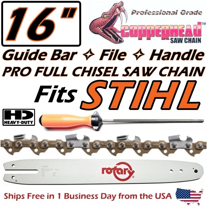 COPPERHEAD 16" STIHL BAR, FULL CHISEL SAW CHAIN, FILE & HANDLE FITS ...
