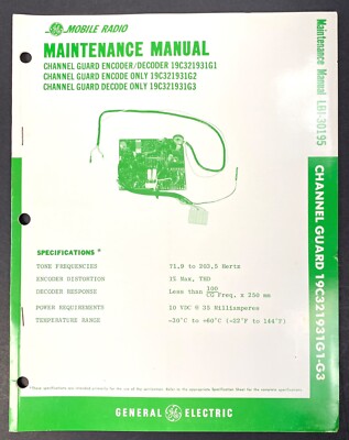 GE Mobile Radio Channel Guard Encoder/Decoder 19C321931G1-G3 MANUAL ...