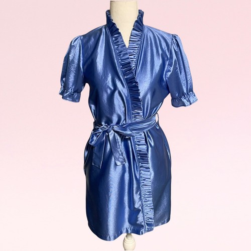 vintage 80s Louise D cornflower blue satin ruffle glam puff-slv wrap mini robe S | eBay