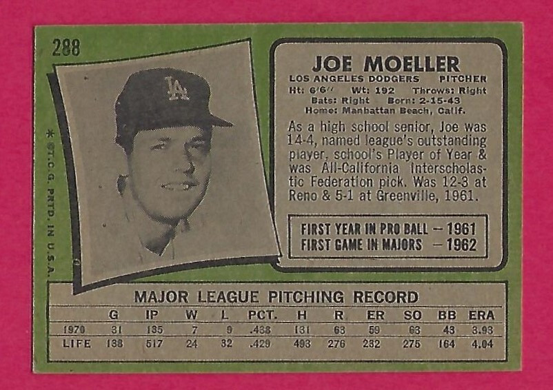 1971 Topps Joe Moeller # 288 Los Angeles Dodgers | eBay