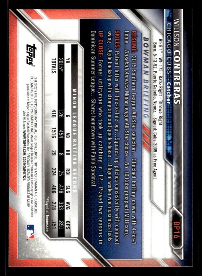 2016 BOWMAN WILLSON CONTRERAS BP16 MINT 1ST RC BASEBALL CHICAGO CUBS | eBay