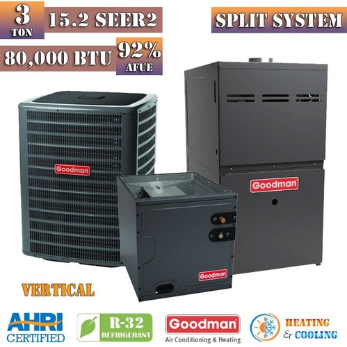 3 Ton Goodman R32 AC & Gas Furnace System 15.2 SEER2 92% 80000 BTU 17.5 ...