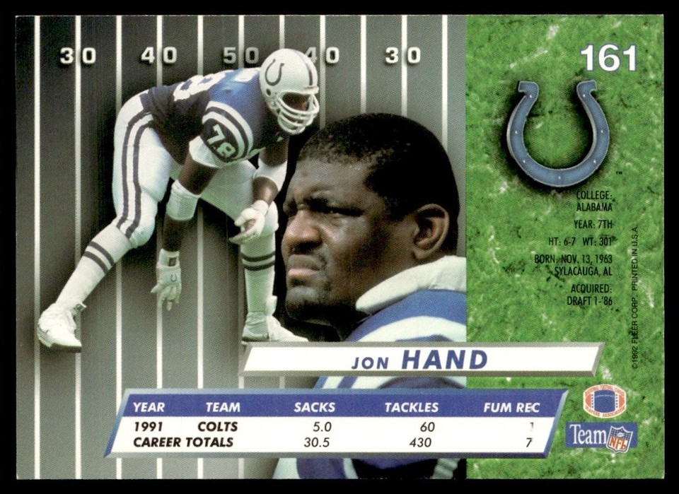 1992 Ultra Jon Hand Indianapolis Colts #161 | eBay