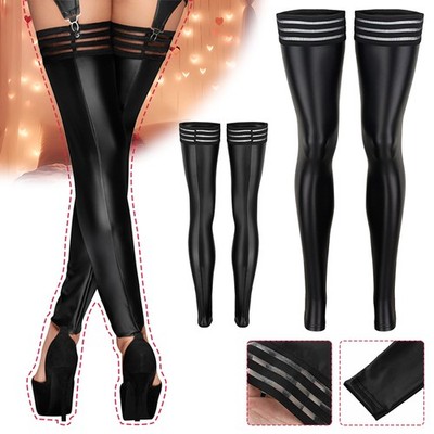 Women Sexy-Footless High Stockings·PU-Leather Wetlook Thigh-Highs Socks ...