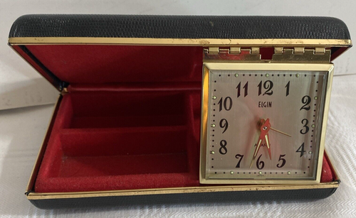 Vtg 60's Elgin Alarm Wind Up Travel Alarm Clock Jewelry Box Japan Black ...