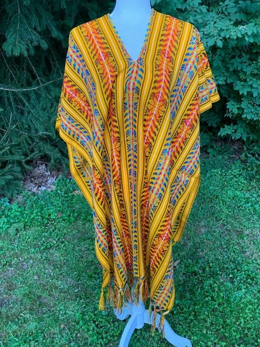 Fringed Gaban Poncho Woven Maya Pattern 6x2.75 Mexican Yellow Rainbow 1 ...