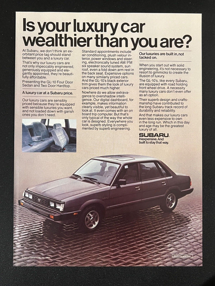 1984 Subaru GL-10 Sedan grey Vintage print ad ready to frame and ...