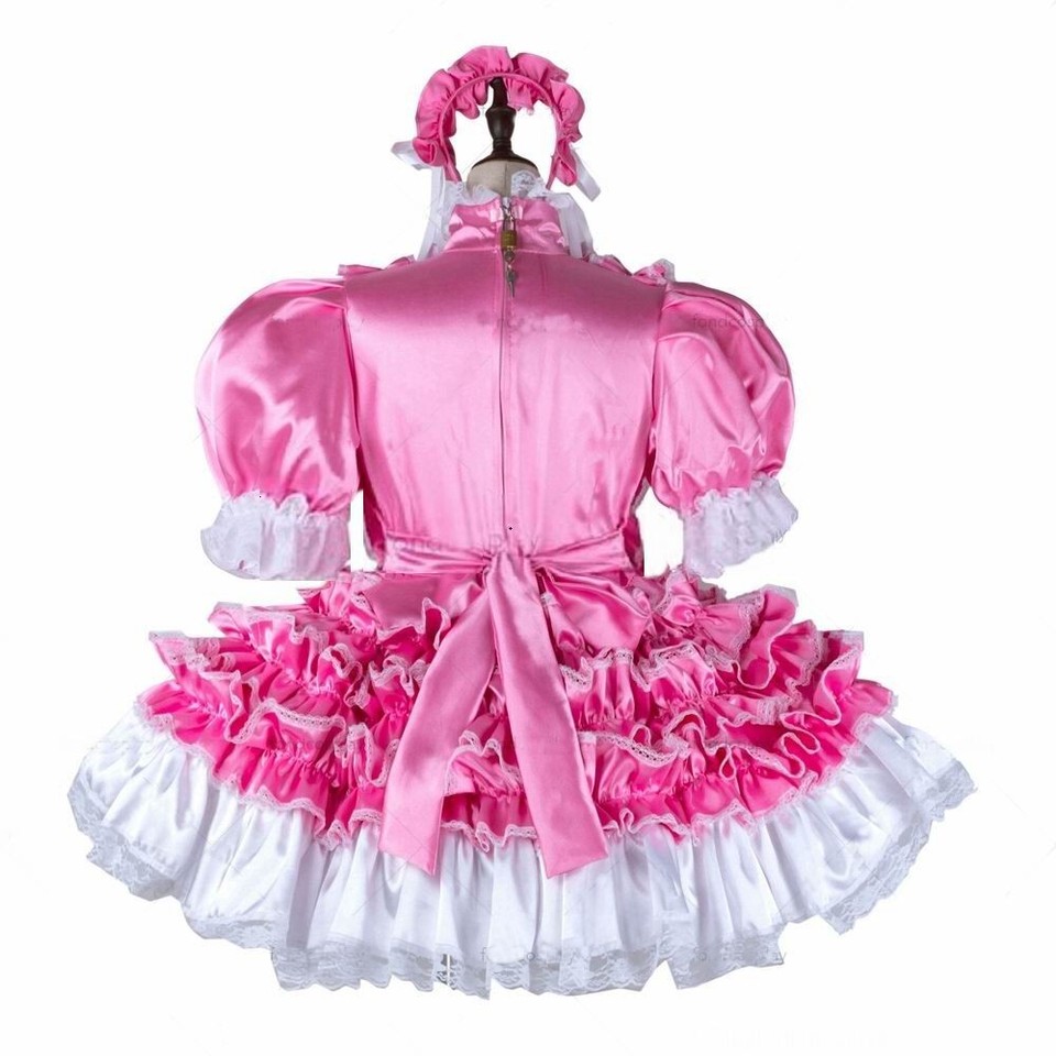 Girl Sissy Maid Lockable Pink satin Dress cosplay costumes Tailor-made ...