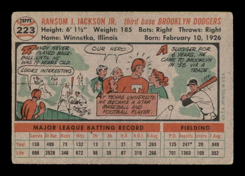 1956 Topps #223 Randy Jackson G/VG X3110305 | eBay
