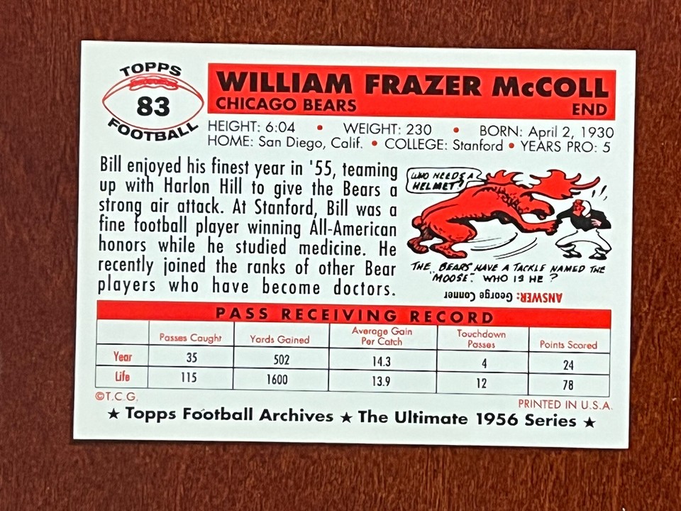 1994 Topps / 1956 Archives - Bill McColl - Auto Hand Signed - Chicago ...