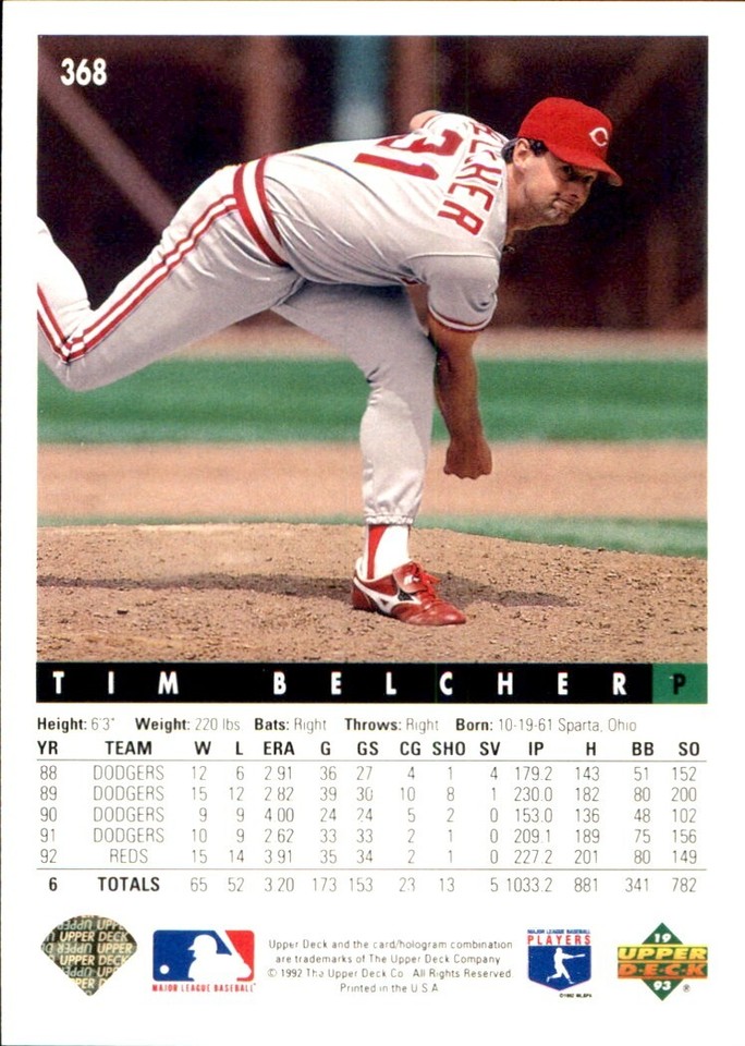 1993 Upper Deck GOLD HOLOGRAM #368 Tim Belcher CINCINNATI REDS | eBay