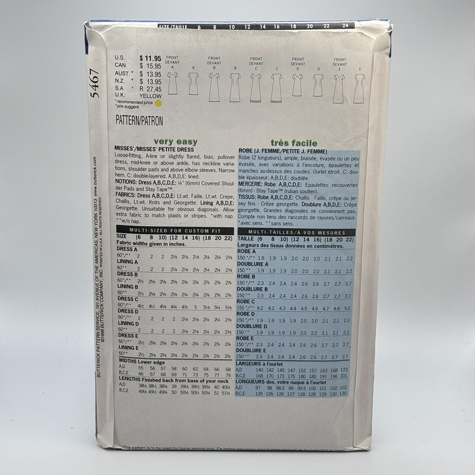 Butterick Sewing Pattern 5467 Dress Knee or Midi Length Misses Size 12 ...