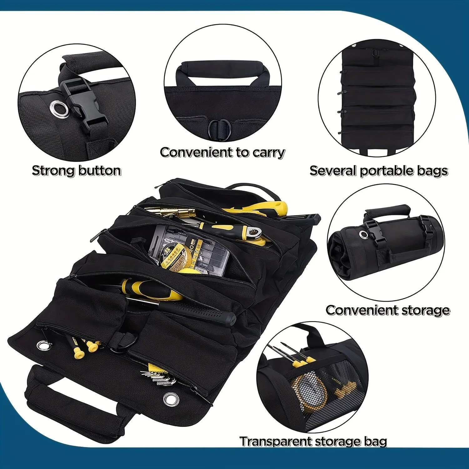 Heavy Duty Roll Up Tool Bag Organizers With 6 Tool Detachable Pouches ...