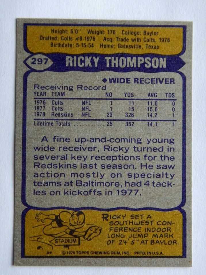Ricky Thompson #297 Topps 1979 Football Card (Washington Redskins) VG ...