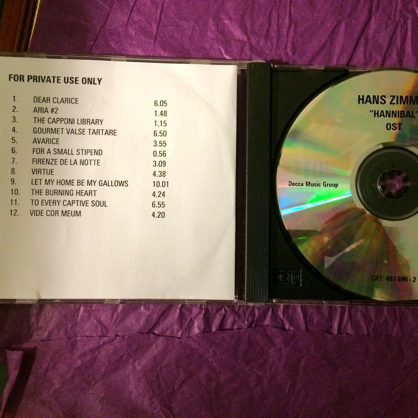 HANS ZIMMER RARE Australian PROMO ONLY LISTENING COPY Hannibal ...