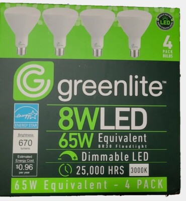 GreenLite 8W 65W Equivalent Dimmable LED Floodlight 4 pack Bulbs BRAND ...