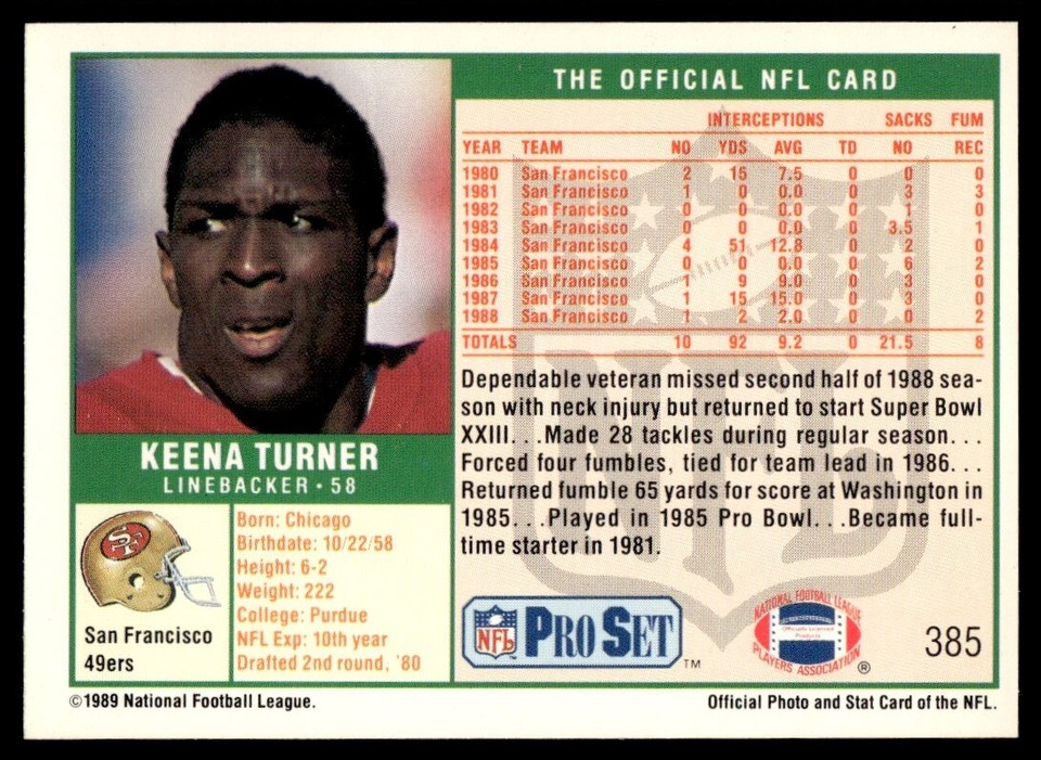 1989 Pro Set Keena Turner San Francisco 49ers #385 | eBay