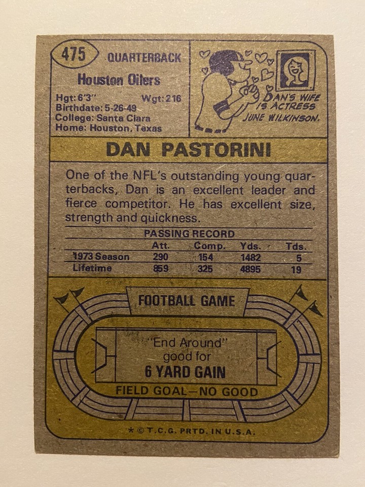 DAN PASTORINI Signed 1974 Topps #475 Houston Oilers Santa Clara ...