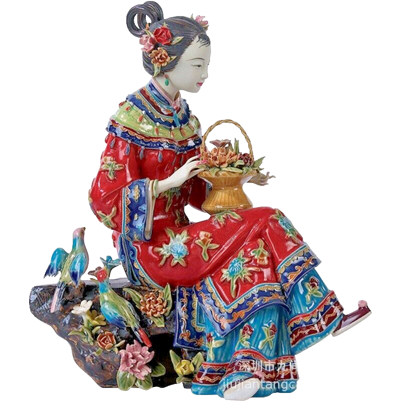Wucai Porcelain pottery Ceramic Figurine Girl Lady Flower basket Bird ...