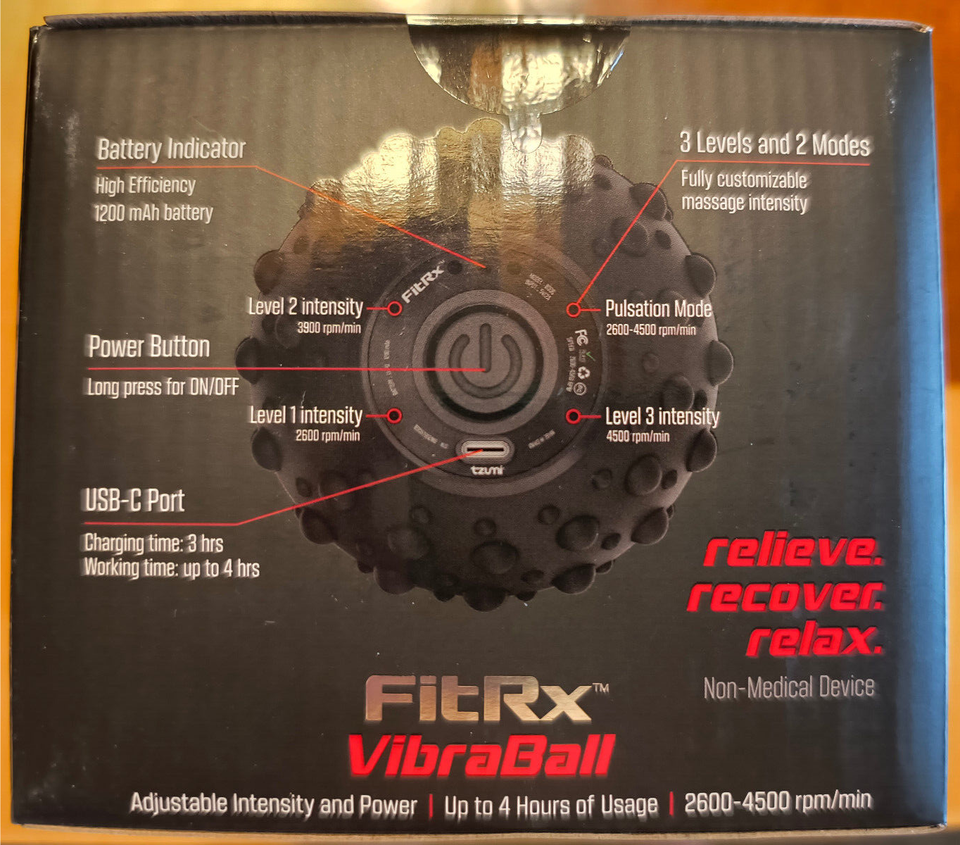 FitRx VibraBall Vibrating Massage Ball, Black Portable, Rolling ...