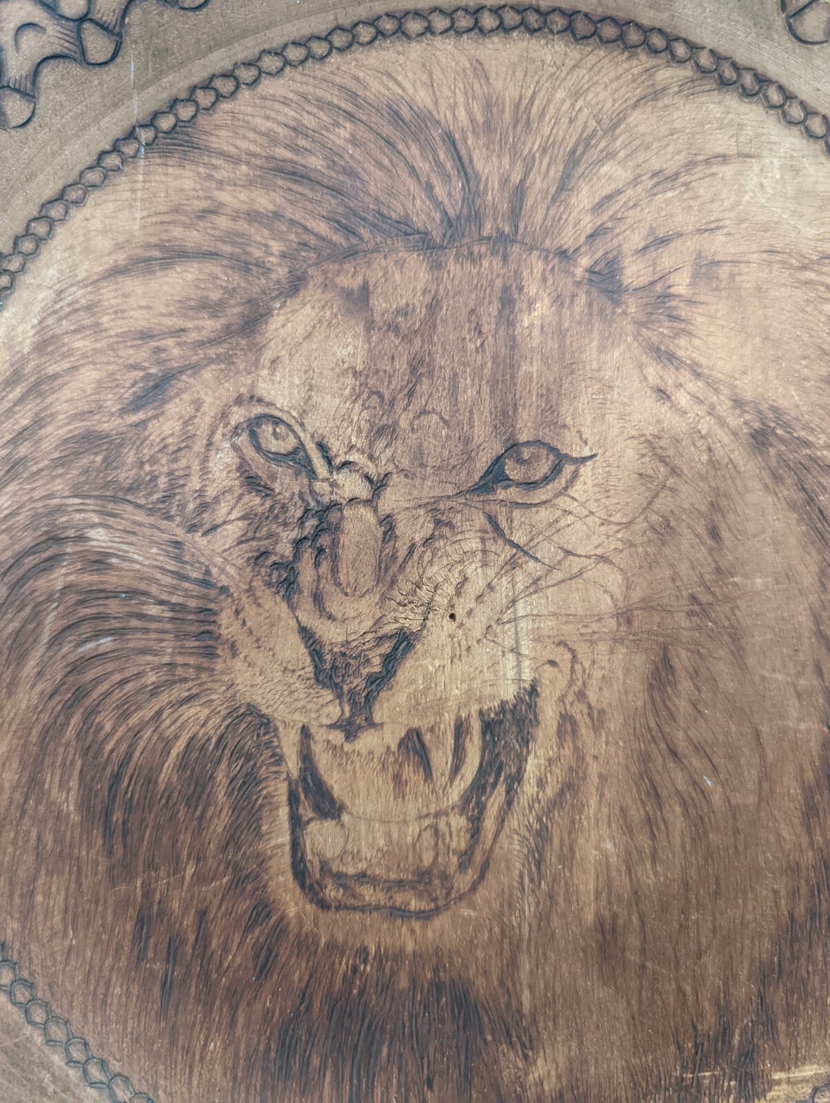 Vintage Pyrography Roaring Lion Portrait On Wood Plate Germany Wood ...