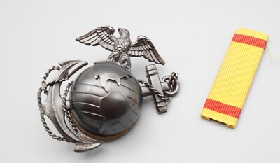 WWII Sterling USMC Marine Officer EGA Hat Badge, China Service Ribbon ...