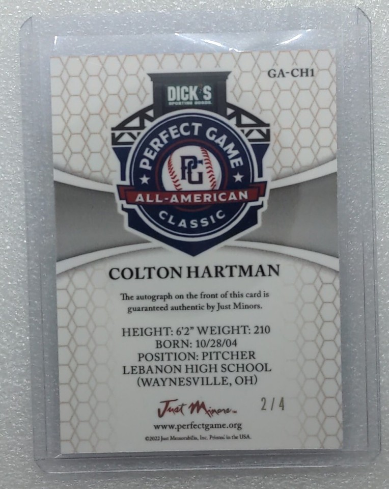2022 LEAF METAL PERFECT GAME JUST MINORS COLTON HARTMAN 2/4 BLUE AUTO ...