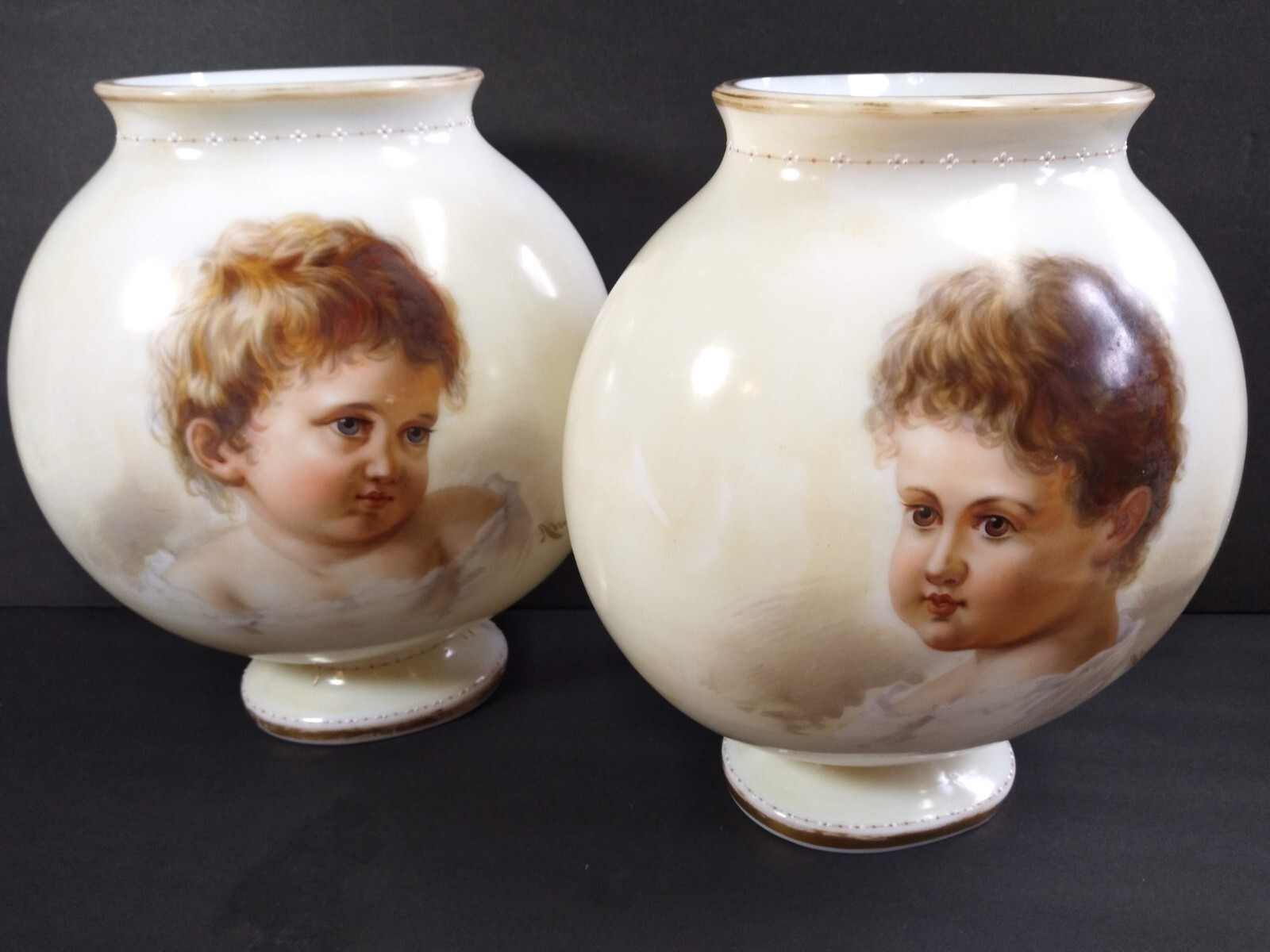 Rare Pair of Antique Josef Ahne Opaline Glass Vases - Signed, 8.5 ...
