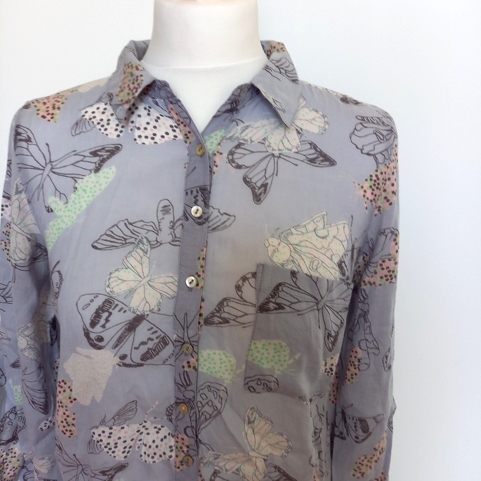 White Stuff UK 8 Butterfly Print Popover Shirt Roll Tab Sleeves Grey ...