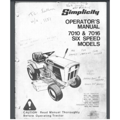 Simplicity 7010 7016 Tractor Owner Manual 38 pages Comb Bound Gloss ...