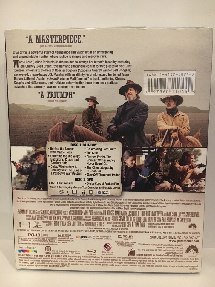 True Grit (Blu-ray+DVD+Digital Copy, 2011, 2-Disc Set) Slipcover! New ...