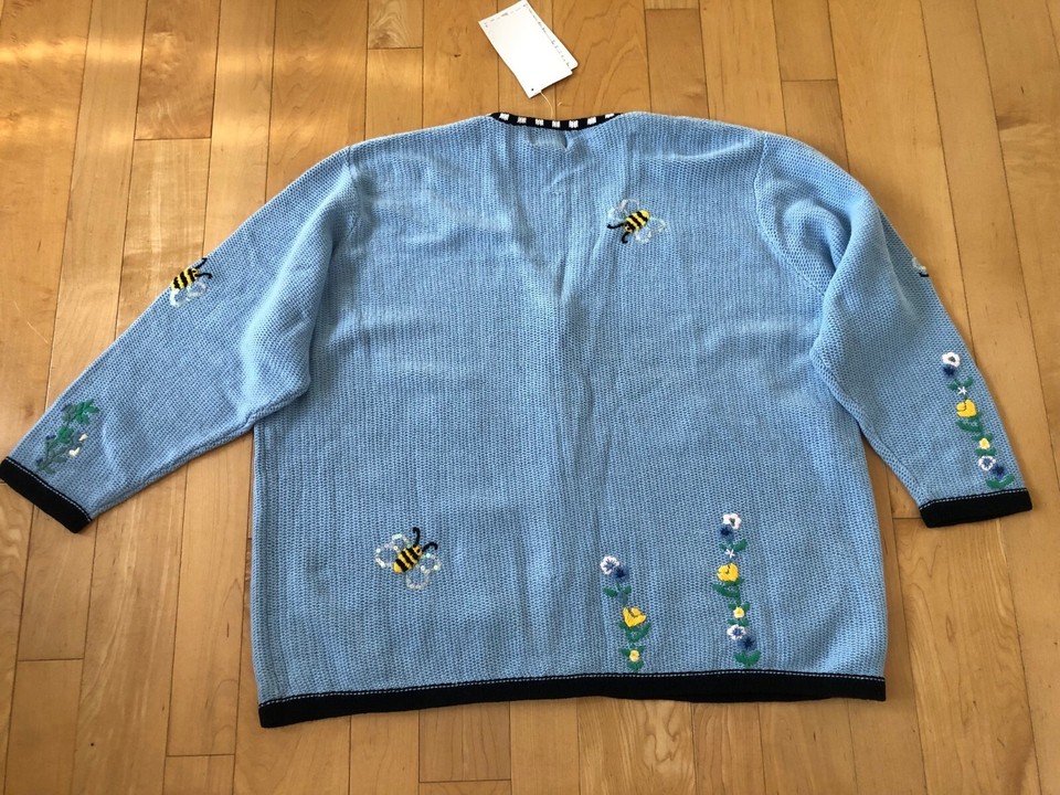 NEW Quacker Factory Wms Cute Bees Scene Blue Cardigan Sweater 3X | eBay