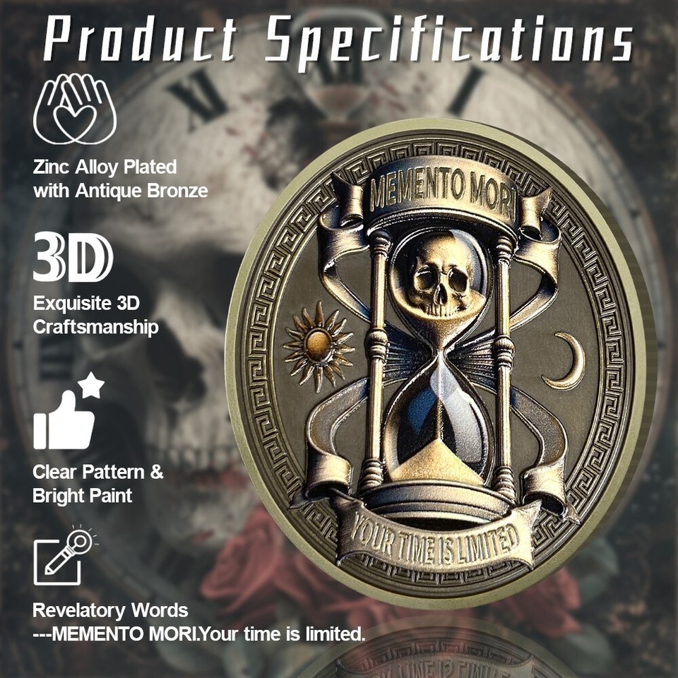 Inspirational Memento Mori Coin 3D Hourglass Skull Daily Stoic Reminder ...