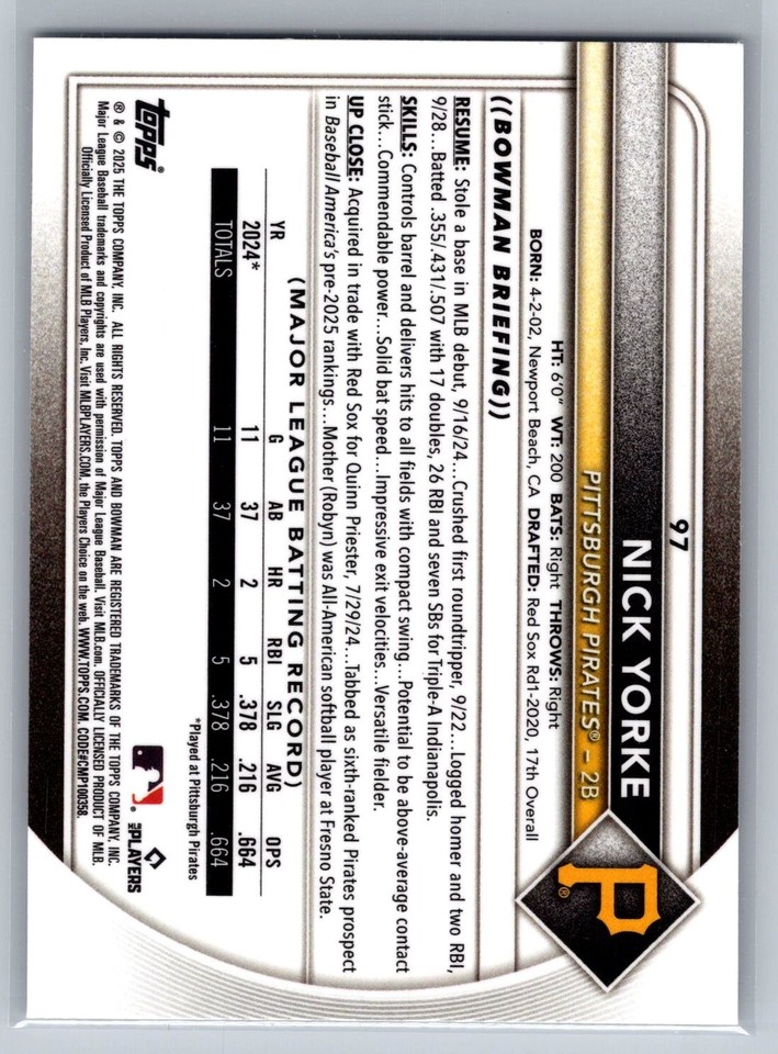 2025 bowman baseball nick yorke chrome red rookie logo #97 | eBay