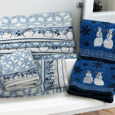 Holiday Snowman Towel Set 6 Piece 100% Cotton Blue & White Christmas ...