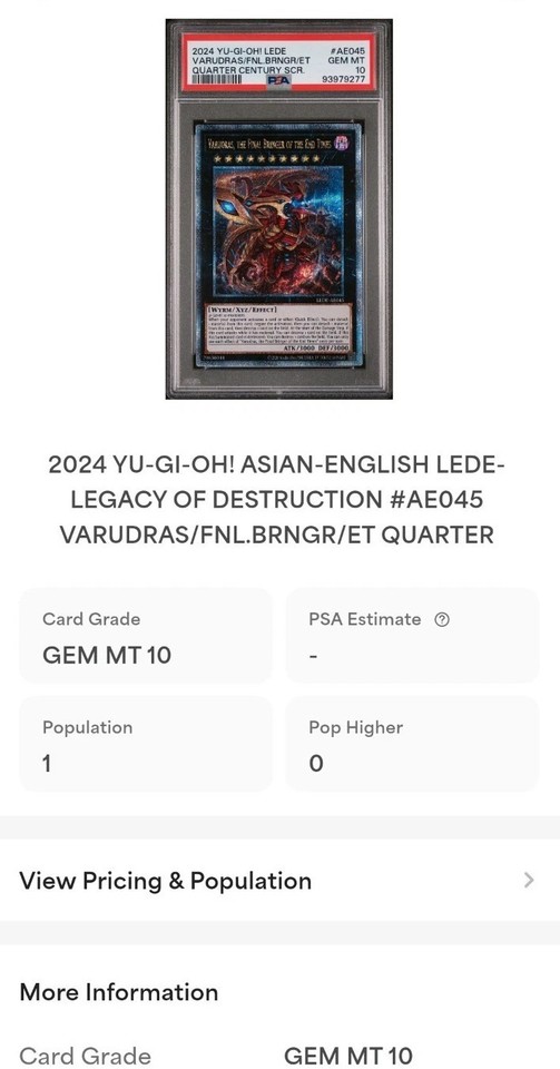 RARE Yu-Gi-Oh! 2024 Varudras LEDE AE045 Quarter Century Secret Rare PSA ...
