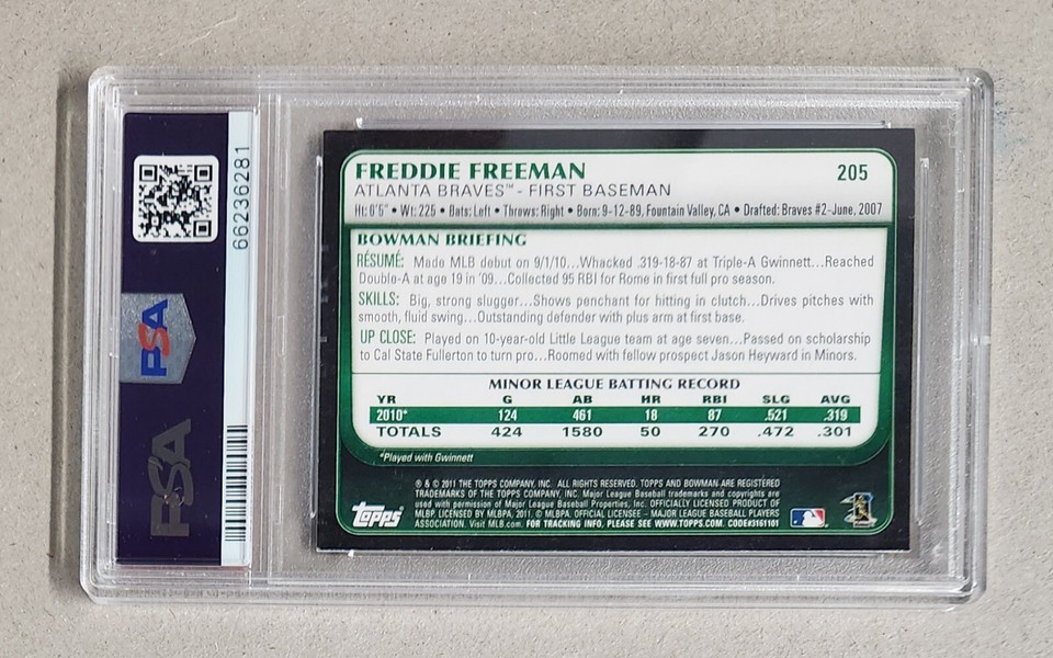 2011 Bowman #205 Freddie Freeman Braves RC PSA 8 NM-MT Rookie Card (new ...