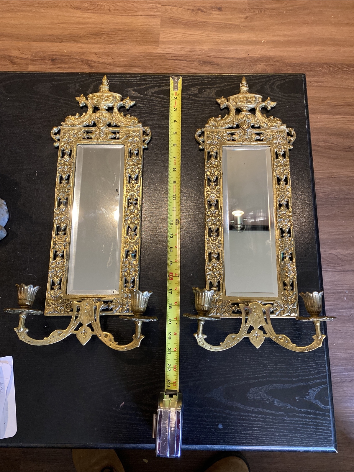 2 Vintage Brass Victorian Style Candlestick Wall Scone Mirrors, Serpent ...
