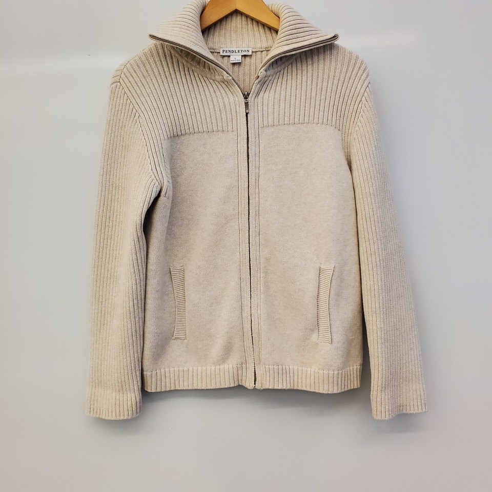 Pendleton Cream Ribbed Knit Cable Knit Turtleneck Zip Up Sweater, Size L | eBay