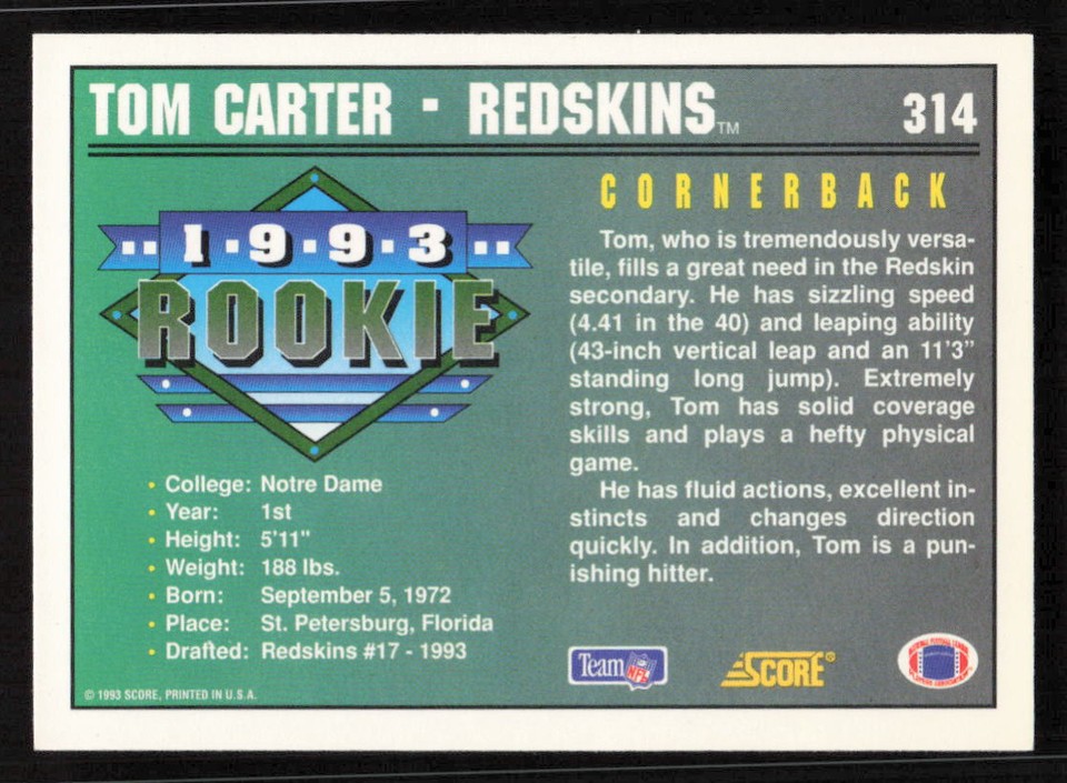 1993 Score Tom Carter #314 Football Rookie Washington Redskins RC | eBay