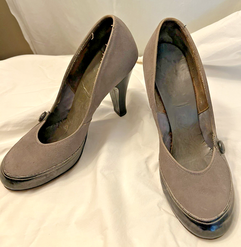 Leather Black Gray suade vtg pumps button accent heels 1950s or 60s | eBay