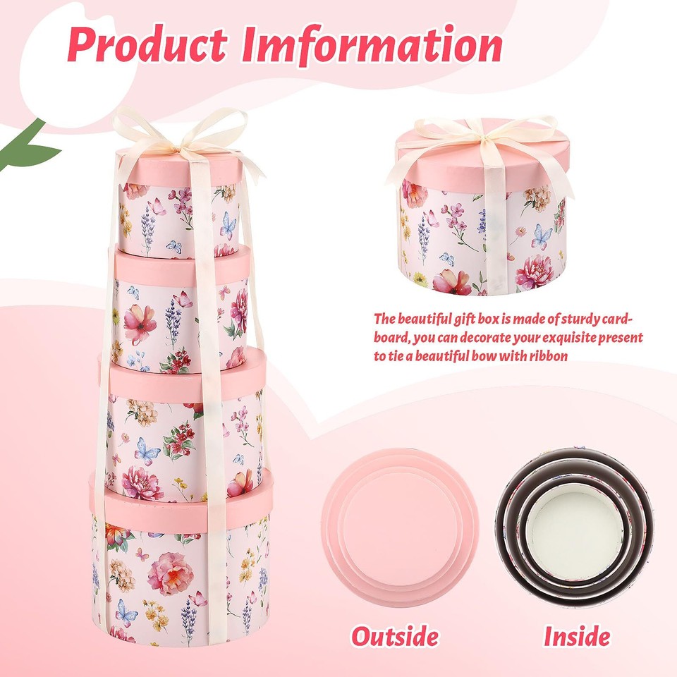 4 Pcs Assorted Sizes Round Gift Boxes with Lids and Ribbons Flower ...
