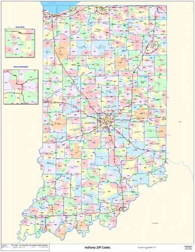 Indiana State Zipcode Laminated Wall Map | eBay